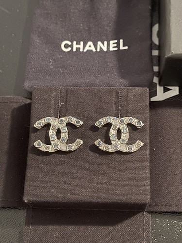 Chanel CC Blue Crystal Logo Earrings Authentic | eBay