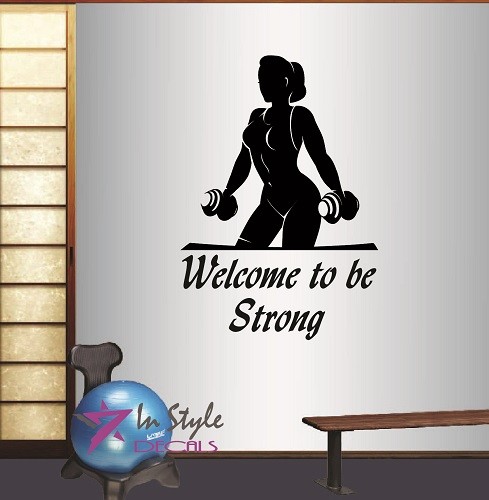 Wall Vinyl Decal Welcome Strong Girl Workout Dumbbells Training Gym ...