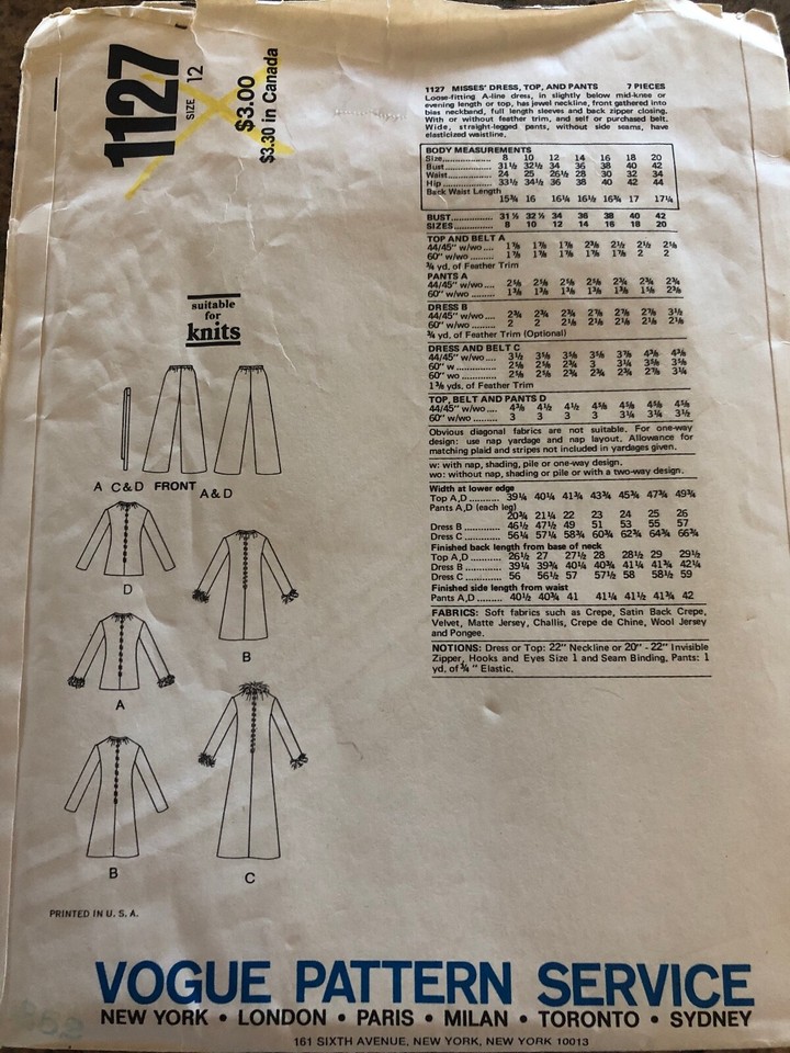 🌺 1975 VOGUE BASIC DESIGN #1127-LADIES DISCO DRESS - TOP - PANTS ...