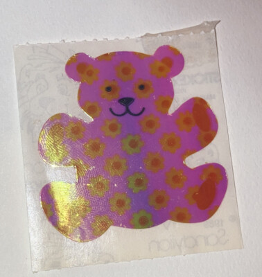 Vintage 1989 Sandylion Pearly iridescent large teddy bear sticker w flowers | eBay