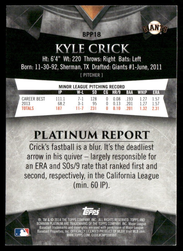 2014 Bowman Platinum Kyle Crick Prospects | eBay