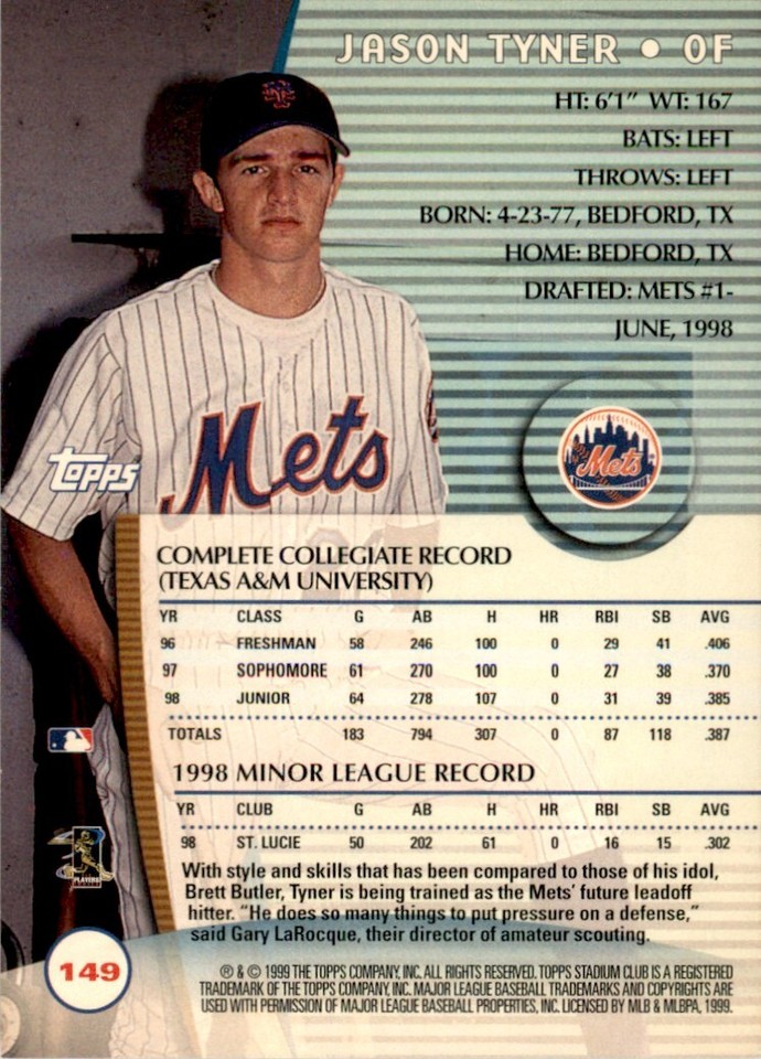 1999 Topps Stadium Club Jason Tyner Rookie New York Mets #149 MLB ...