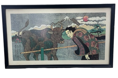 Japanese Ukiyoe Woodblock Print by Ron Rae in Frame Woman and Ox | eBay