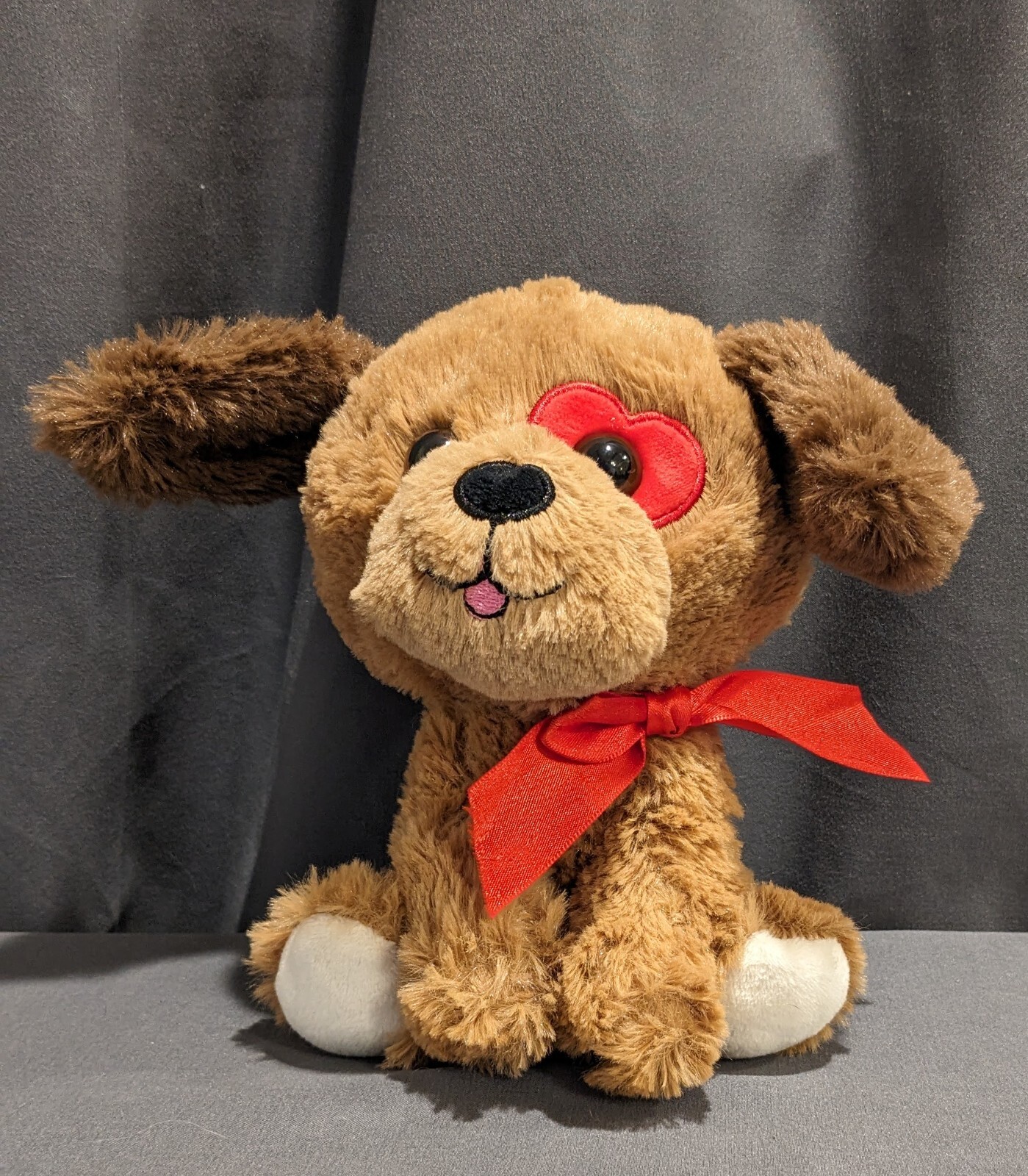 Valentine Brown & Red Puppy Dog 6" Plush Heart Eye Patch Soft Stuffed ...