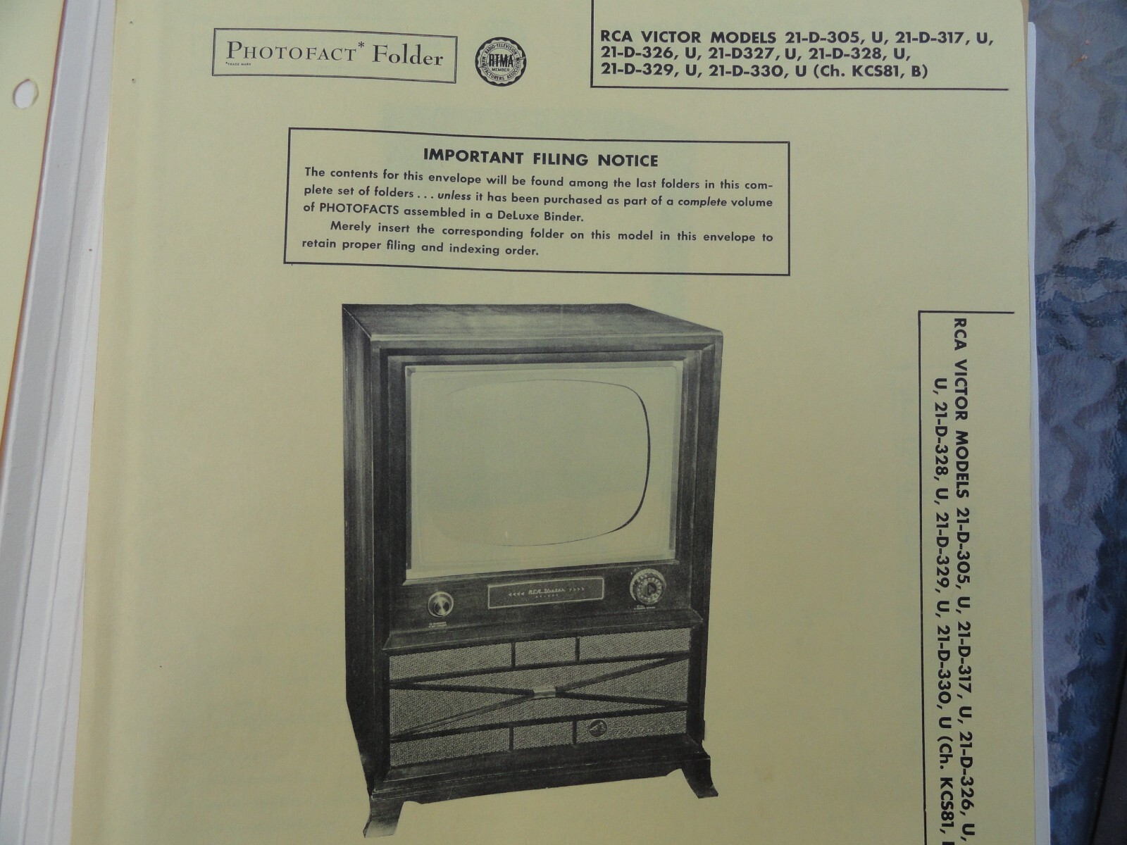 Vintage Sams Photofact Manual RCA VICTOR MODELS 21-D-305, U, 21-D-317 ...