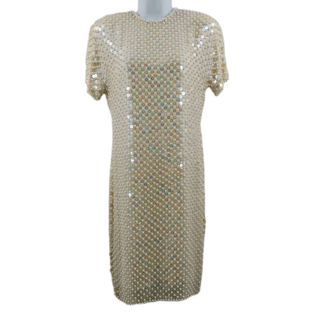 Vintage Cream Silk Dress with Iridescent Cream Sequin… - Gem