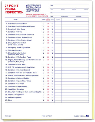 27 Point Inspection Sheet - Vehicle Inspection Form - 100 Pack | eBay