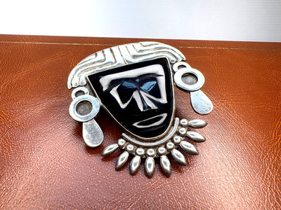 VTG 1950 Taxco 22 Aztec Mayan Warrior Face Pendant Medallion Green Onyx ...