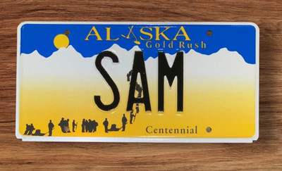 ALASKA GRAPHIC GOLD RUSH VANITY LICENSE PLATE " SAM " SAMUEL SAMMY SAM ...