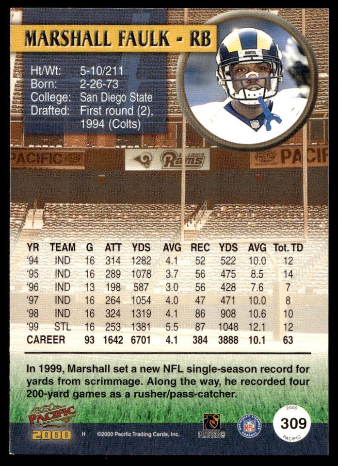 2000 Pacific 309 Marshall Faulk St. Louis Rams Football Card | eBay
