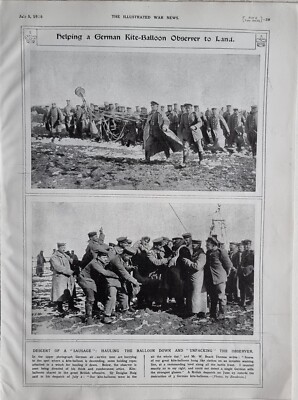 1916 WWI WW1 PRINT GERMAN KITE BALLOON OBSERVER TO LAND AIR SERVICE ...