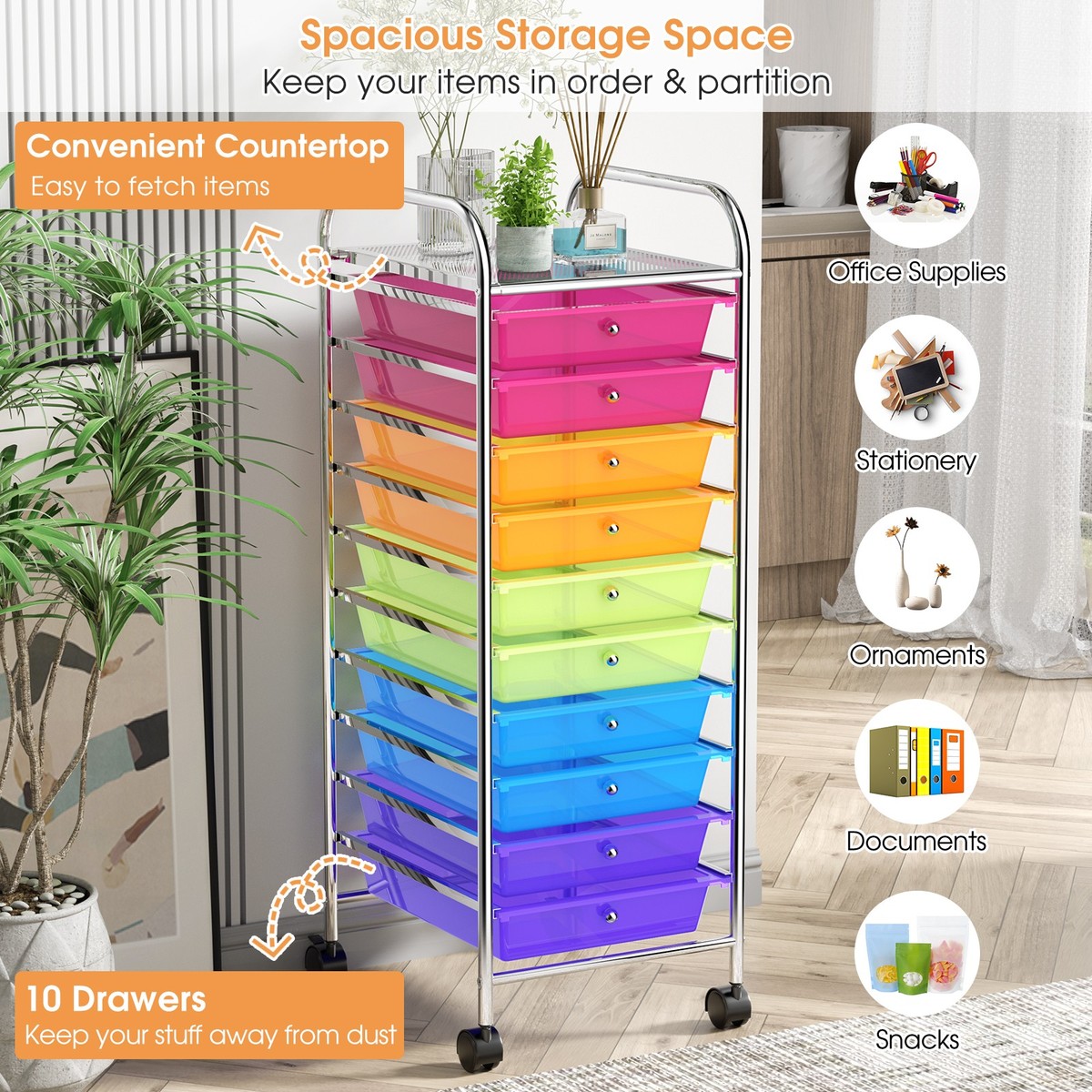 Mobile Storage Trolley With Brakes COSTWAY 10-Drawer Rolling Storage ...
