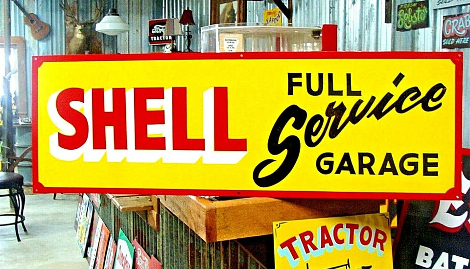 Vintage Hand Painted SHELL FULL SERVICE Gas Oil Station Metal SIGN Shop ...