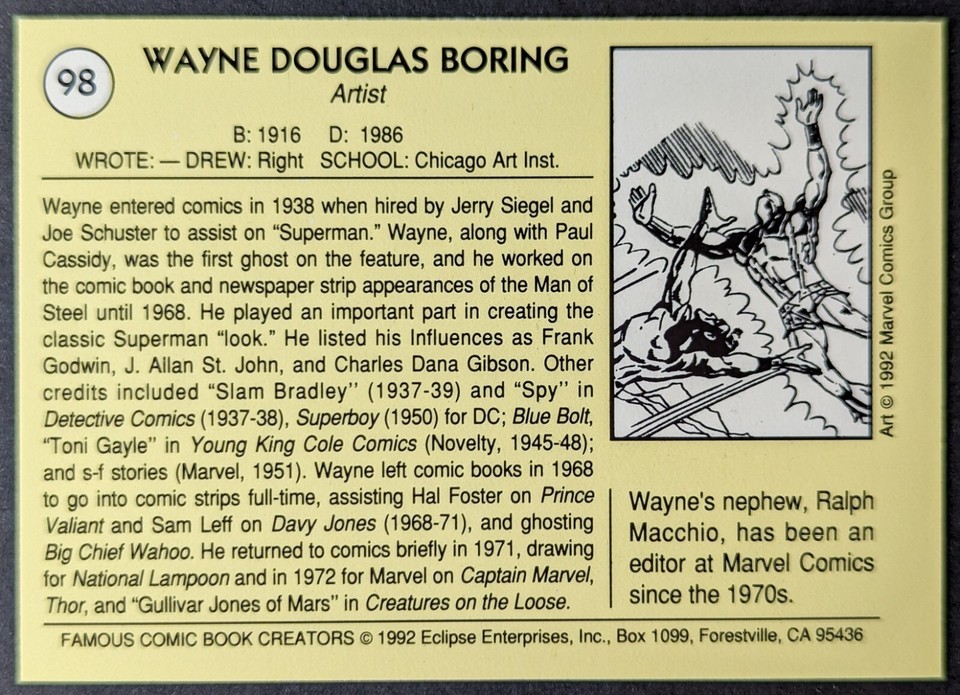 Wayne Boring Superman 1992 Famous Comic Book Creators Card #98 (NM ...
