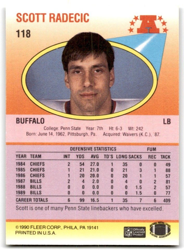 1990 Fleer Scott Radecic Buffalo Bills #118 | eBay