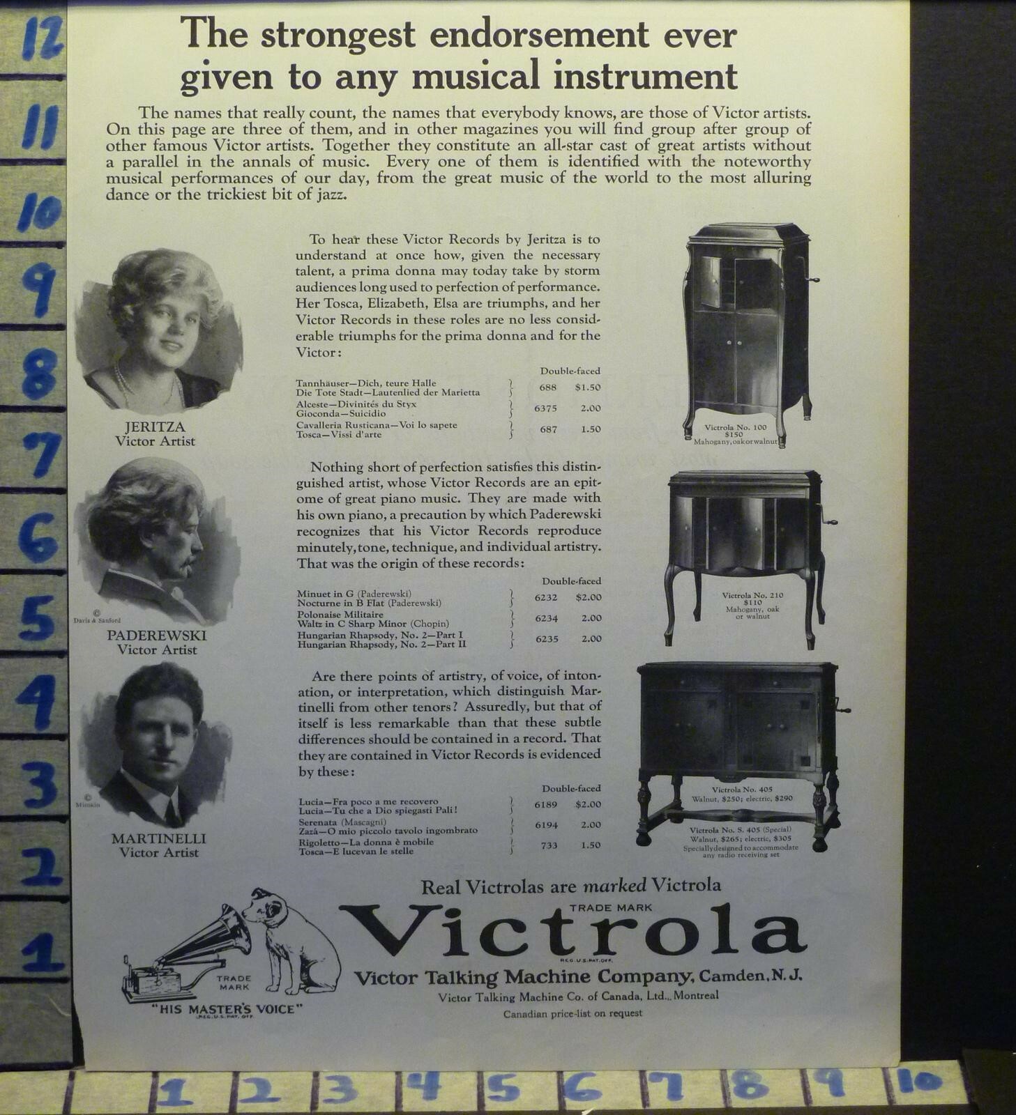 1925 VICTROLA CAMDEN PHONOGRAPH RECORD JERITZA MUSIC VINTAGE ART AD N93 ...