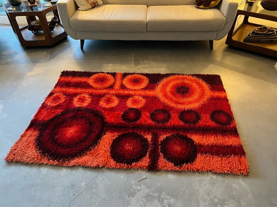 60's DANIA TAEPPPER UNUSED Mid Century Rya Danish Rya Rug Wool Red ...