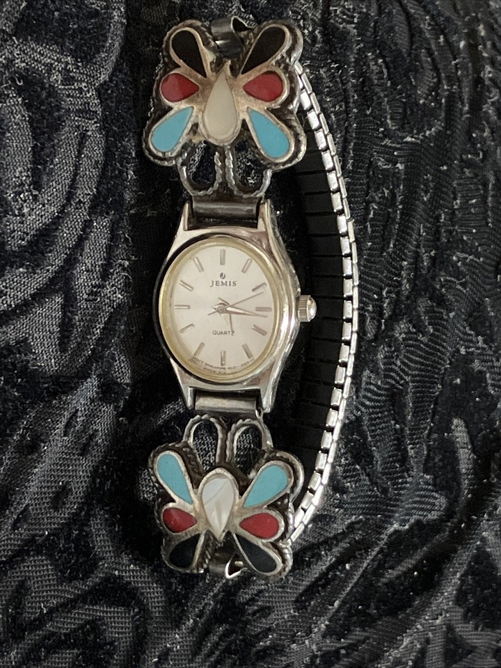 VTG Sterling Navajo Genuine Turquoise Onyx Pearl Butterfly JEMIS Watch ...