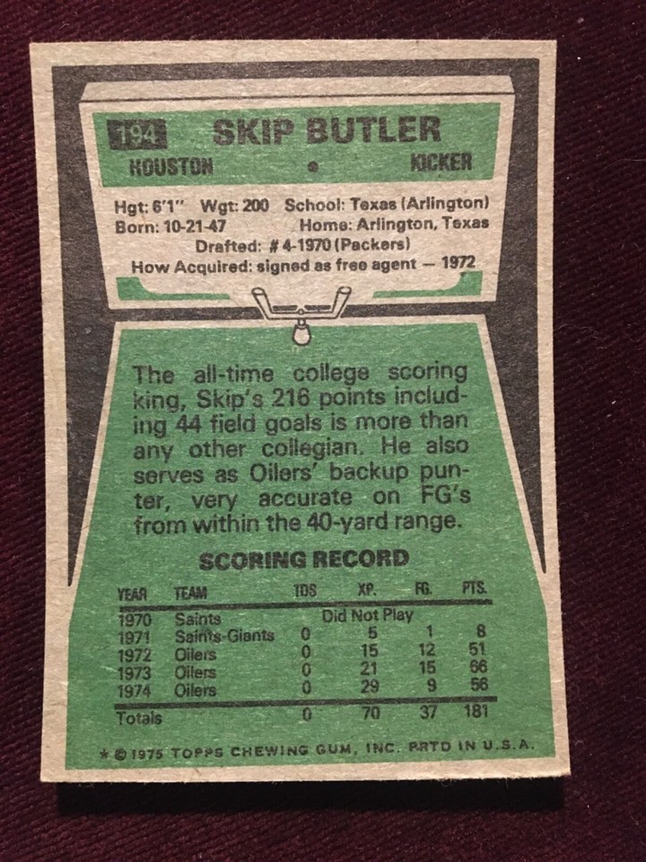 1975 Topps Oilers Skip Butler Football Card #194 | eBay