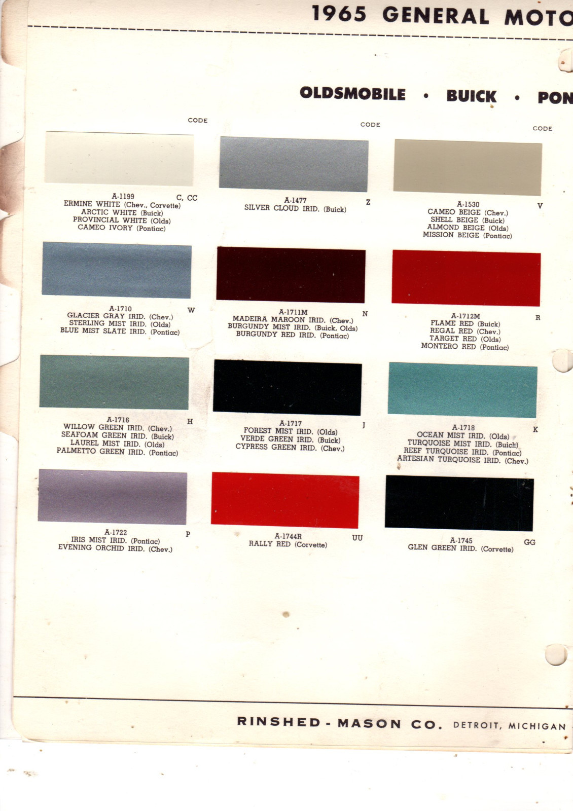 1965 CHEVROLET CORVETTE PONTIAC GTO BUICK RIVIERA OLDSMOBILE F85 PAINT ...