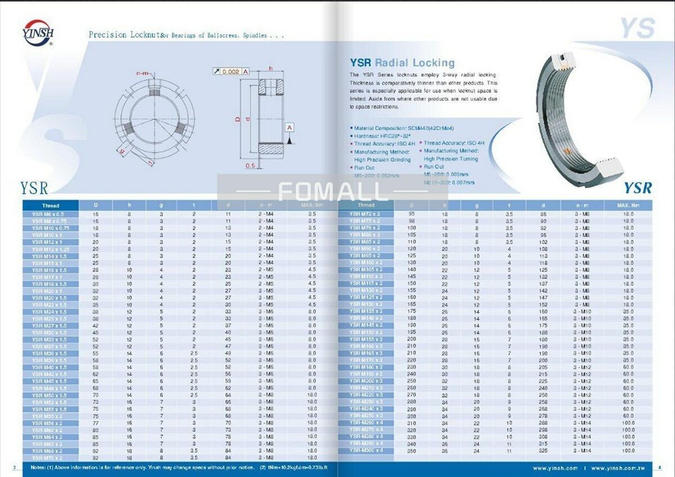 1Pcs For Yinsh Precision Bearing Lock nut YSR-M110x2.0P Radial Locking ...