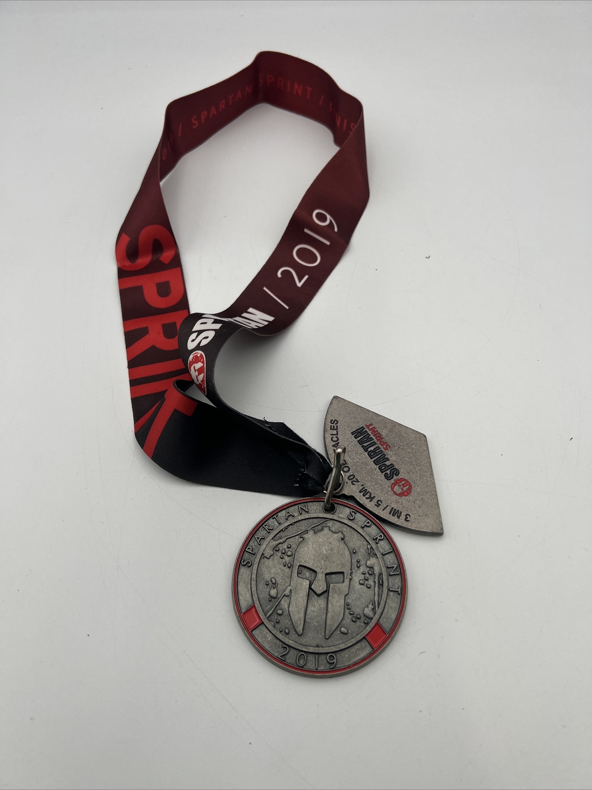 2019 Spartan Sprint Race Medal Ribbon Wedge Red 3 Mile 5 Km 20 Obstacle ...
