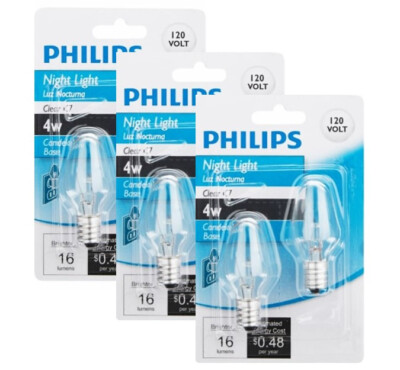 6 Philips Night Light Bulbs 4W 120 Volt Candelabra Base 16 Lumens 3 ...