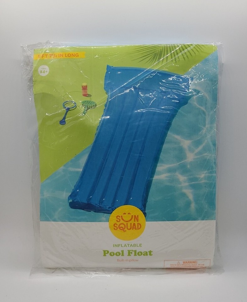 SUN SQUAD INFLATABLE POOL FLOAT BLUE RAFT LOUNGER W/ PILLOW 5 FT 7 1/2 ...