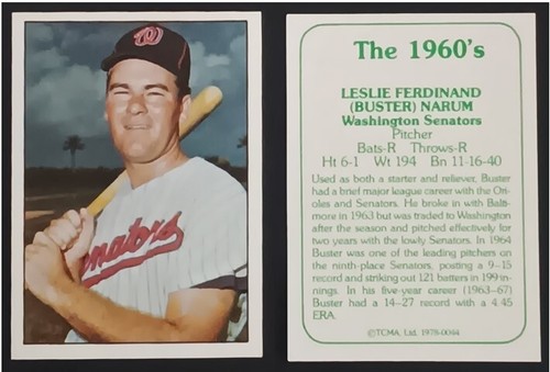 BUSTER NARUM "THE 1960's"-NM/MT+-1978 TCMA # 44-WASHINGTON SENATORS ...