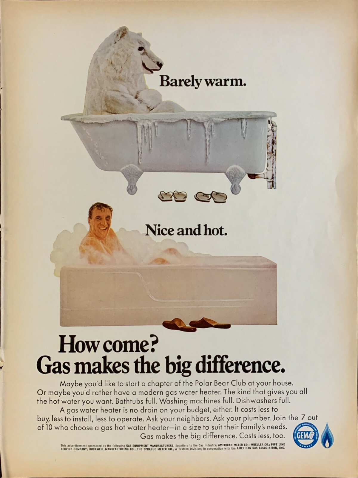 Vintage 1968 Gas Water Heater Bear In Tub Man In Tub Print Ad ...