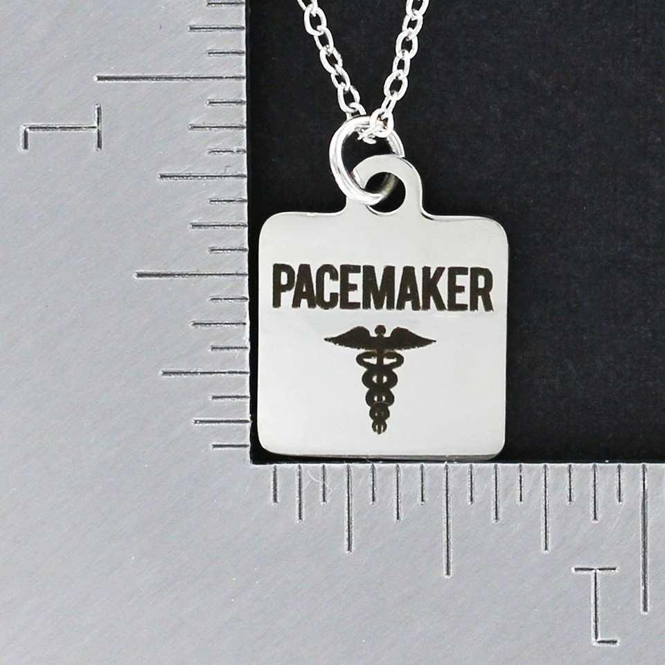 PACEMAKER ALERT Necklace - Stainless Steel Charm Square Engraved ...