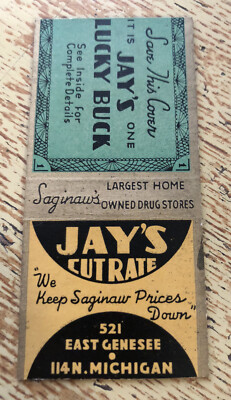 1930s Jay’s Cut Rate Michigan Matchbook Cover Lucky Buck Saginaw Drug ...