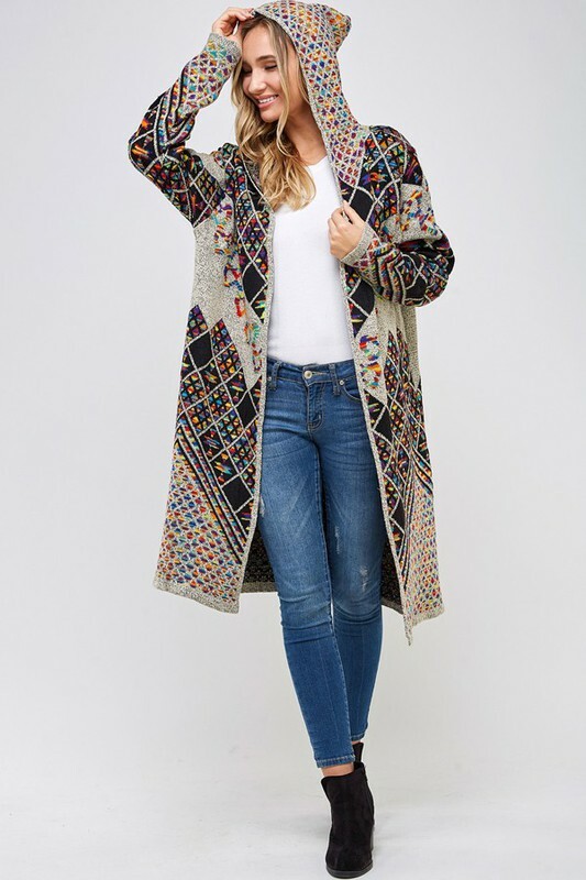 NWT ON BLUE AZTEC LONG CARDIGAN hooded SWEATER WESTERN BOHO SM-XXL 1X ...