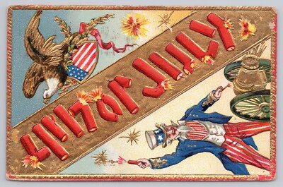 4th of July firecracker Uncle Sam Bald Eagle patriotic gilded embossed ...