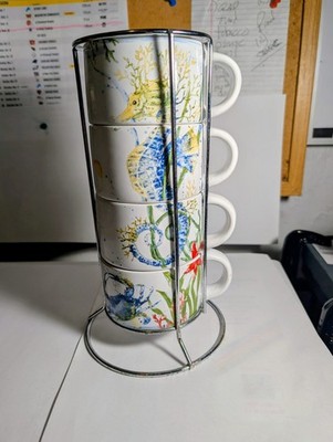 Pier 1 Sea Life 4 Stackable Mugs Set Seahorse Octopus Angelfish | eBay