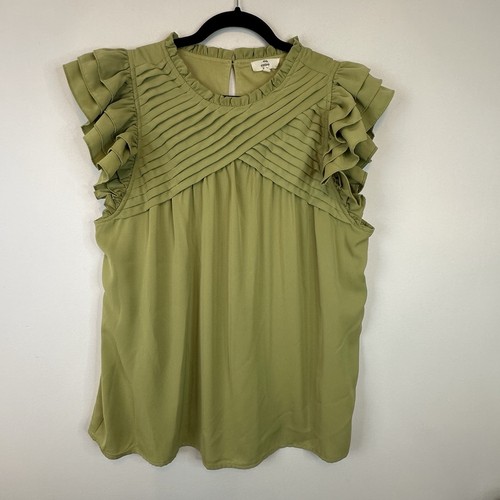 Entro Women’s Top Blouse Pleated Ruffle Cap Sleeve Green Boho Earth ...