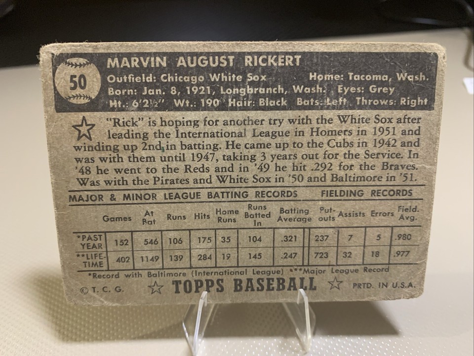 1952 TOPPS MARV RICKERT #50 BLACK BACK | eBay