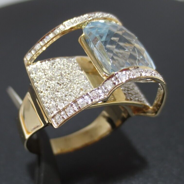 14K YG LADIES BLUE TOPAZ & DIAMOND RING SZ 11 11.47 grams (G130616-2 ...