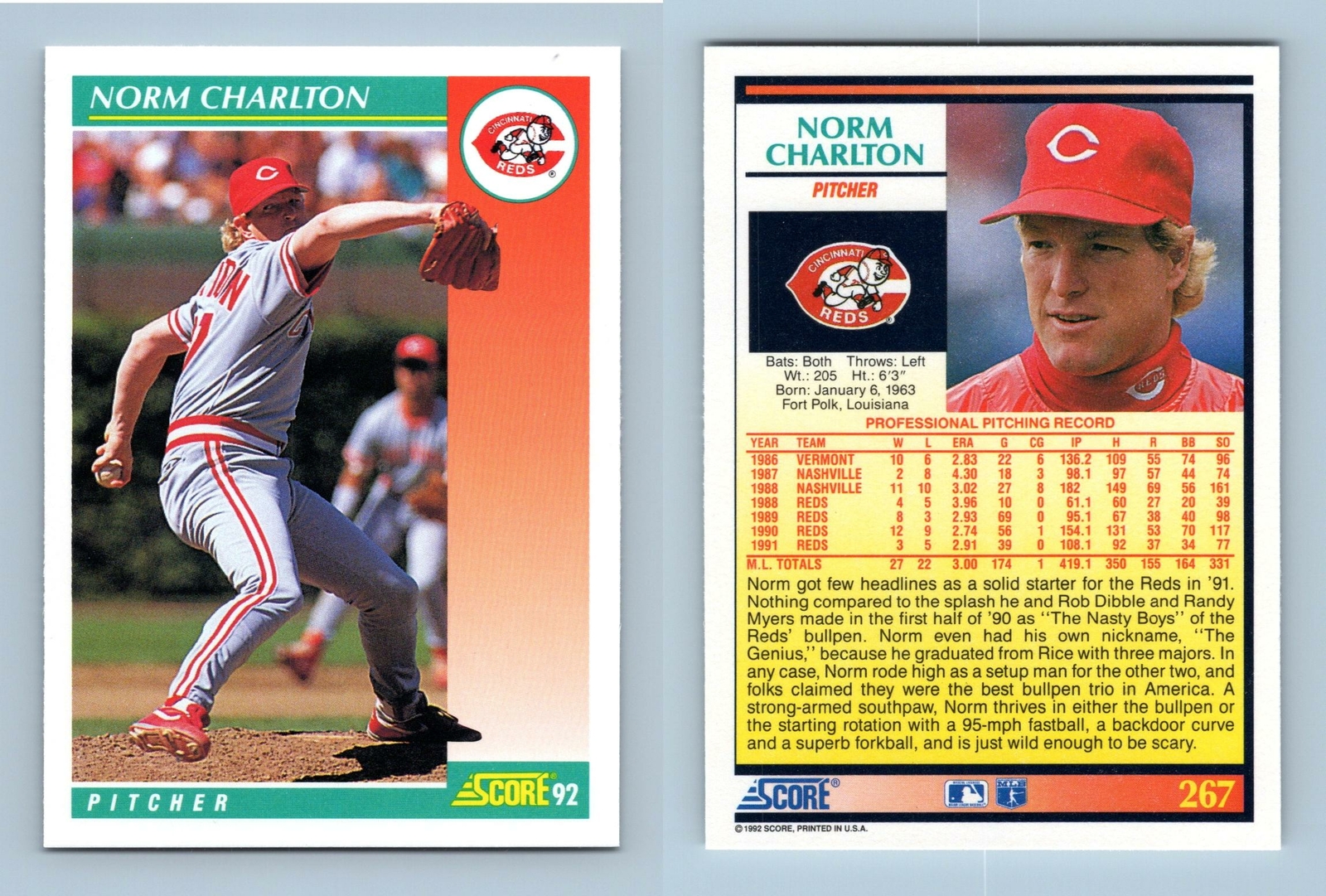 Norm Charlton - Reds - #267 Score 1992 Baseball Trading Card | eBay
