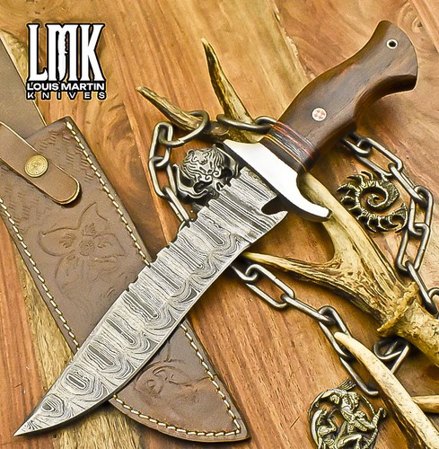 LMK Forged Bowie Knife Twist Damascus Walnut Wood Steel Guard Hiking ...