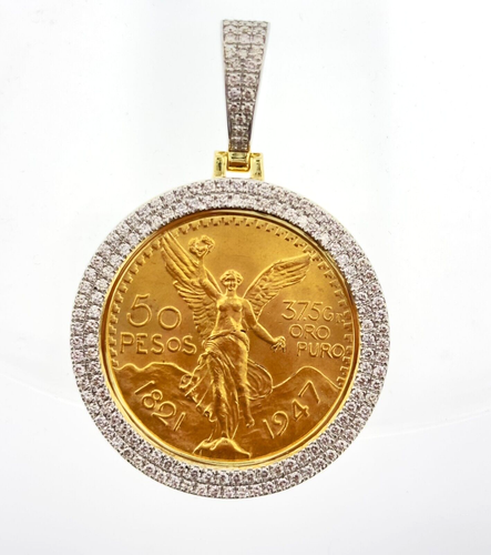 Authentic Mexican 50 Pesos Gold Coin set in 10K Gold Bezel with 3.2 ctw ...