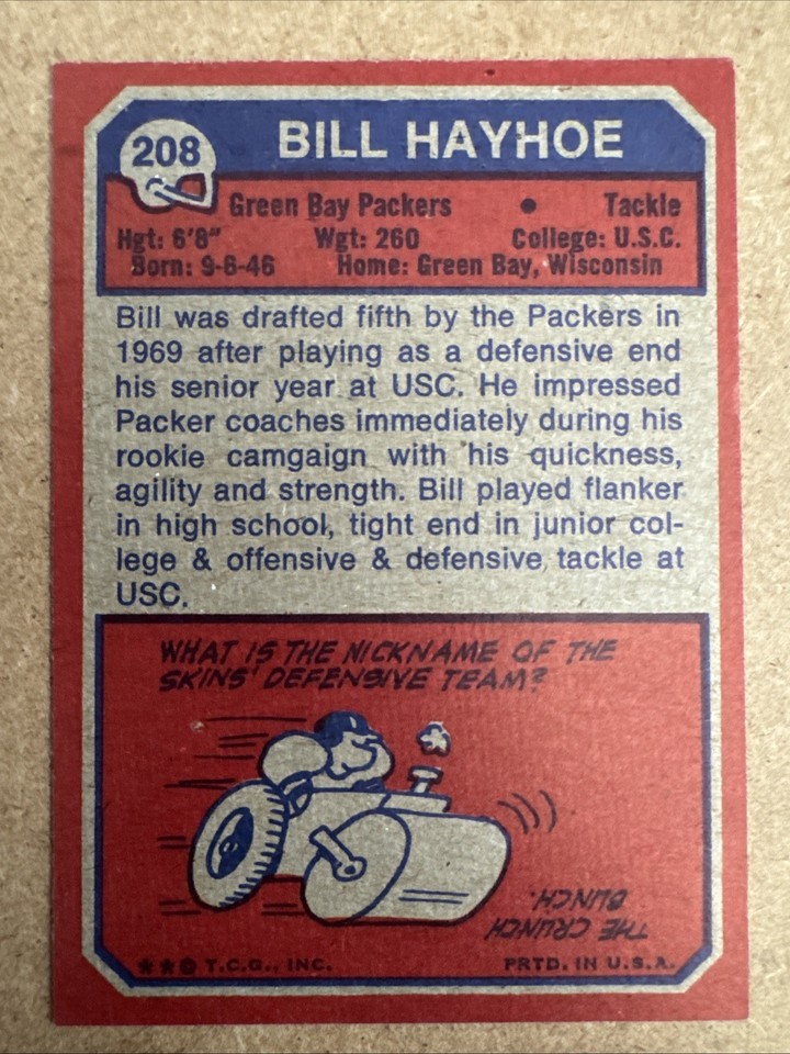 BILL HAYHOE 1973 Topps #208 AUTOGRAPHED SIGNED Card GREEN BAY PACKERS ...