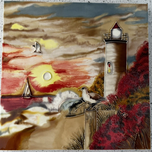 Hand Painted Lighthouse Wall Art Pottery Tile Raised Design Hang Desk 8" x 8" | eBay
