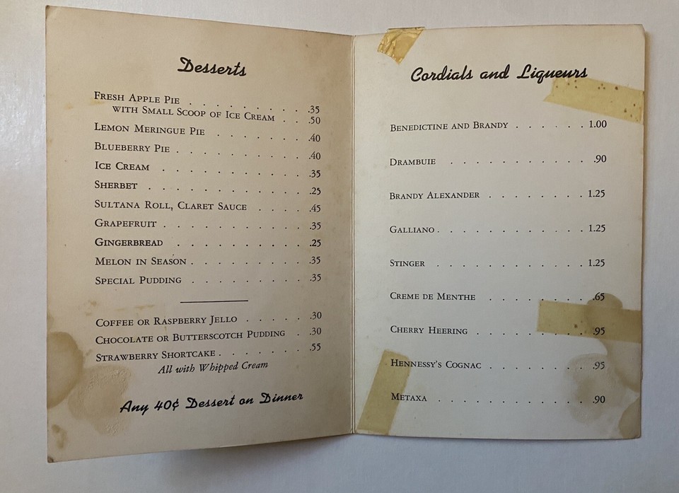 Vintage Union Oyster House Desert & Cordials Menu Boston Massachusetts ...