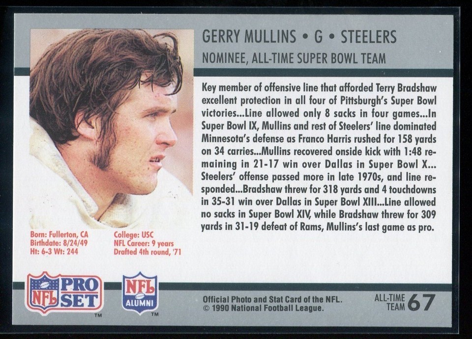 1990 Pro Set Super Bowl Supermen Gerry Mullins #67 Pittsburgh Steelers ...