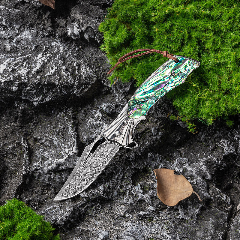 Damascus +15° Handcrafted Water Grinding Blade Shell Resin Scales ...