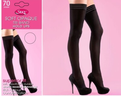 Silky | 70 Denier Soft Opaque Tri Band Hold Ups Stockings | Black | One ...