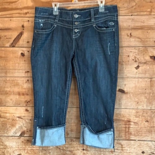 Harley Davidson Zip Cuff Distressed Logo Multi Button Crop Capri Jeans ...