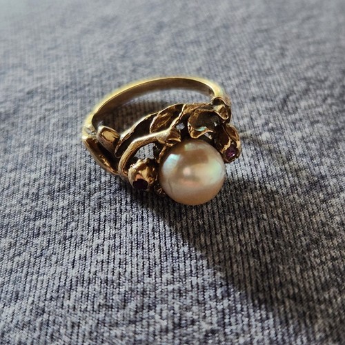 Estate 14k Gold w Pearl Ruby Ring Marked STRELL Floral & Female Shape ...