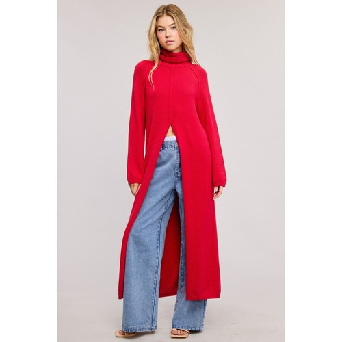 Ribbed Turtleneck Medium Red Tunic Sweater Dress with Slit | eBay